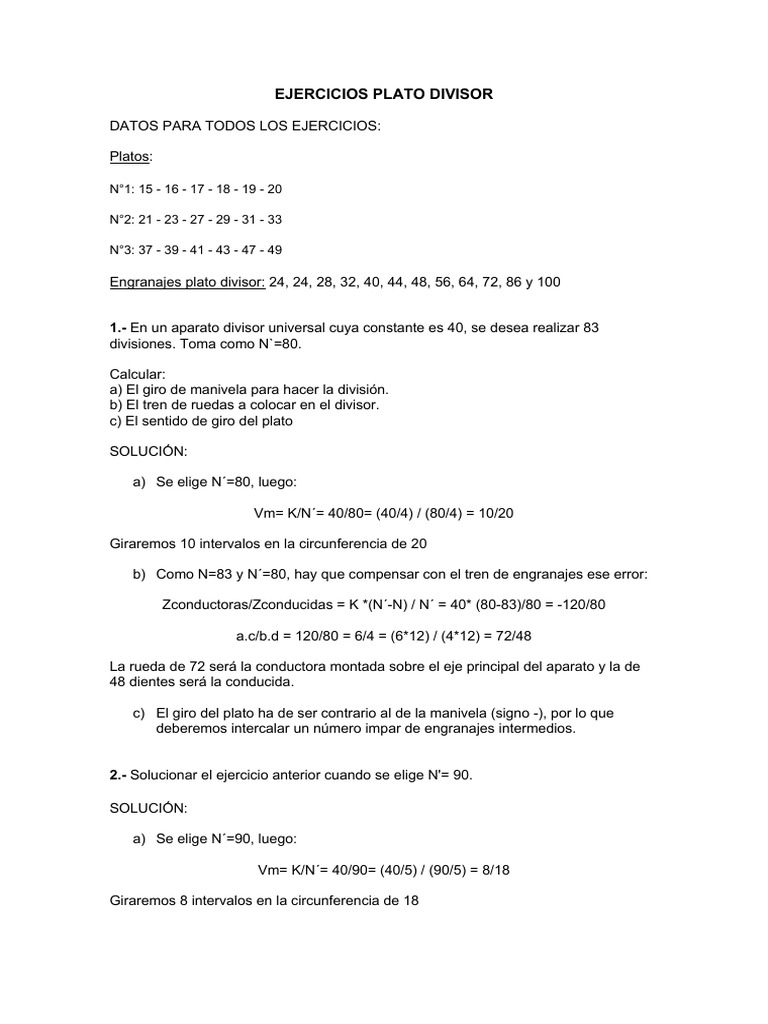 Ejercicios de Cálculo con Plato Divisor 40/1 | PDF | Engranaje | Máquinas
