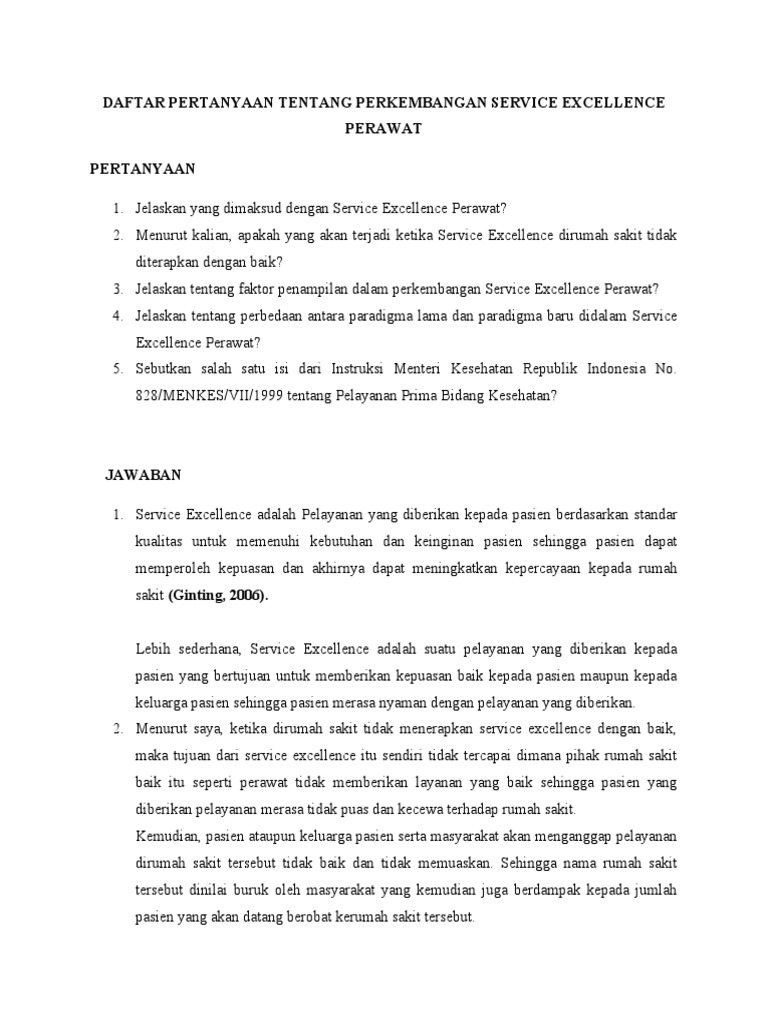 Daftar Pertanyaan Tentang Perkembangan Service Excellence Perawat | PDF ...