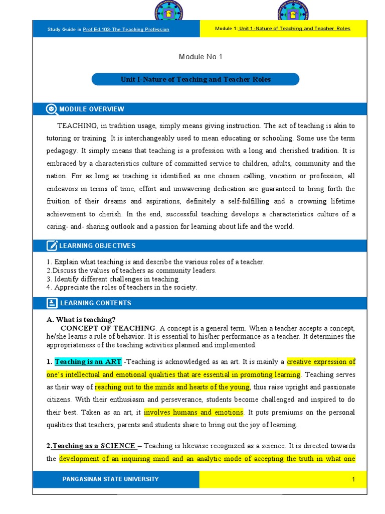 Module Overview: Study Guide in Prof - Ed.103-The Teaching Profession ...