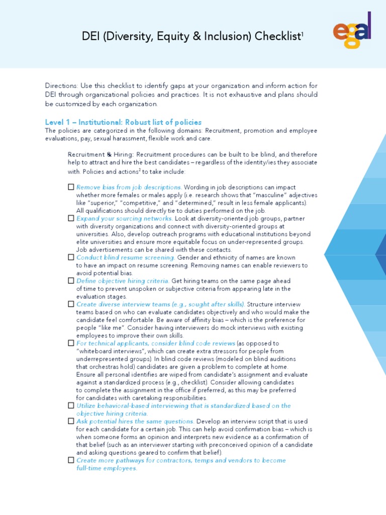 DEI (Diversity, Equity & Inclusion) Checklist: Level 1 - Institutional ...