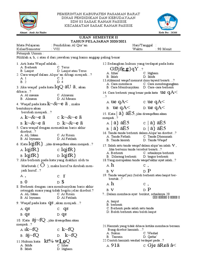 Soal PAS PQ Kelas 5 Semester 2 TP 2020 Dan 2021 | PDF