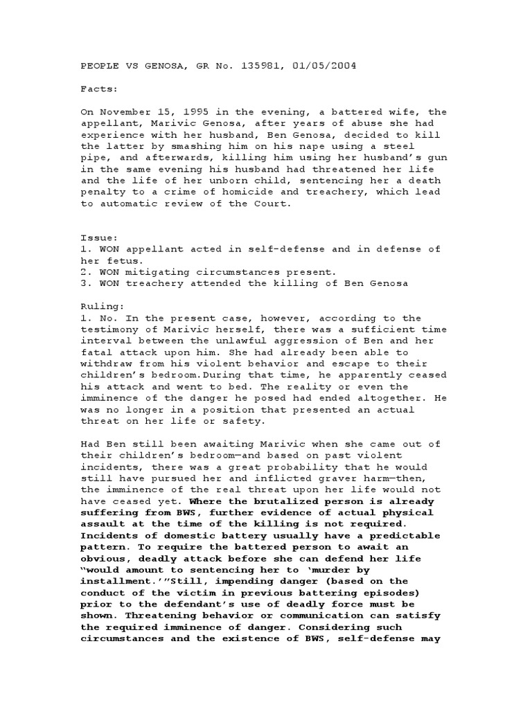 No. 06 Case Digest - People Vs Genosa, GR No. 135981 01052004 | PDF ...