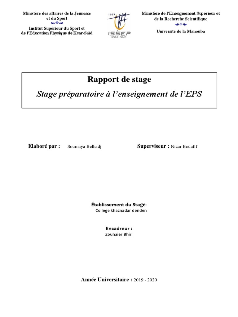 Rapport de Stage en EPS au Collège Khaznadar | PDF | Éducation physique ...