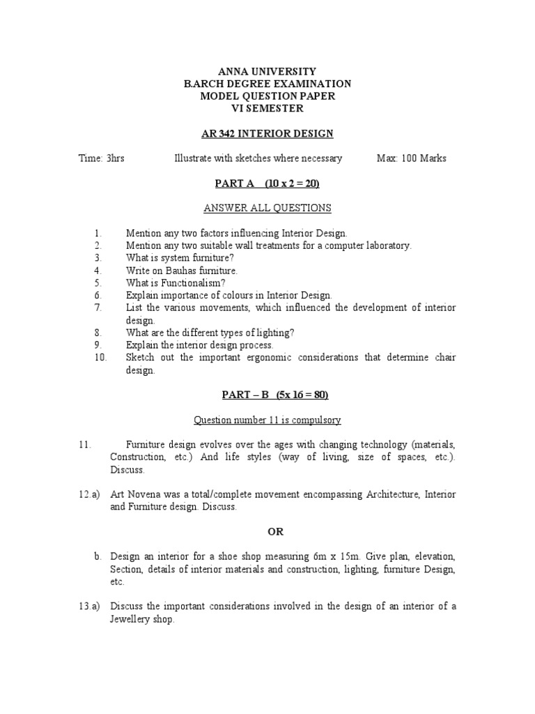 Anna University B.Arch Degree Examination Model Question Paper Vi ...