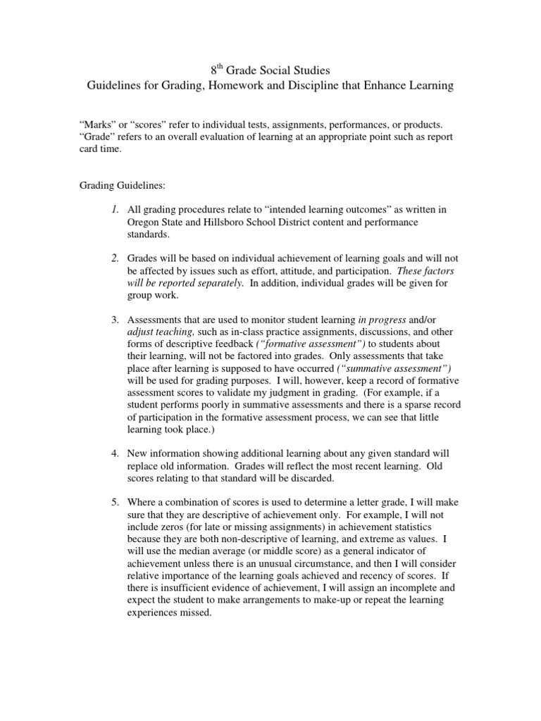 8 Grade Social Studies Guidelines For Grading, Homework and Discipline ...