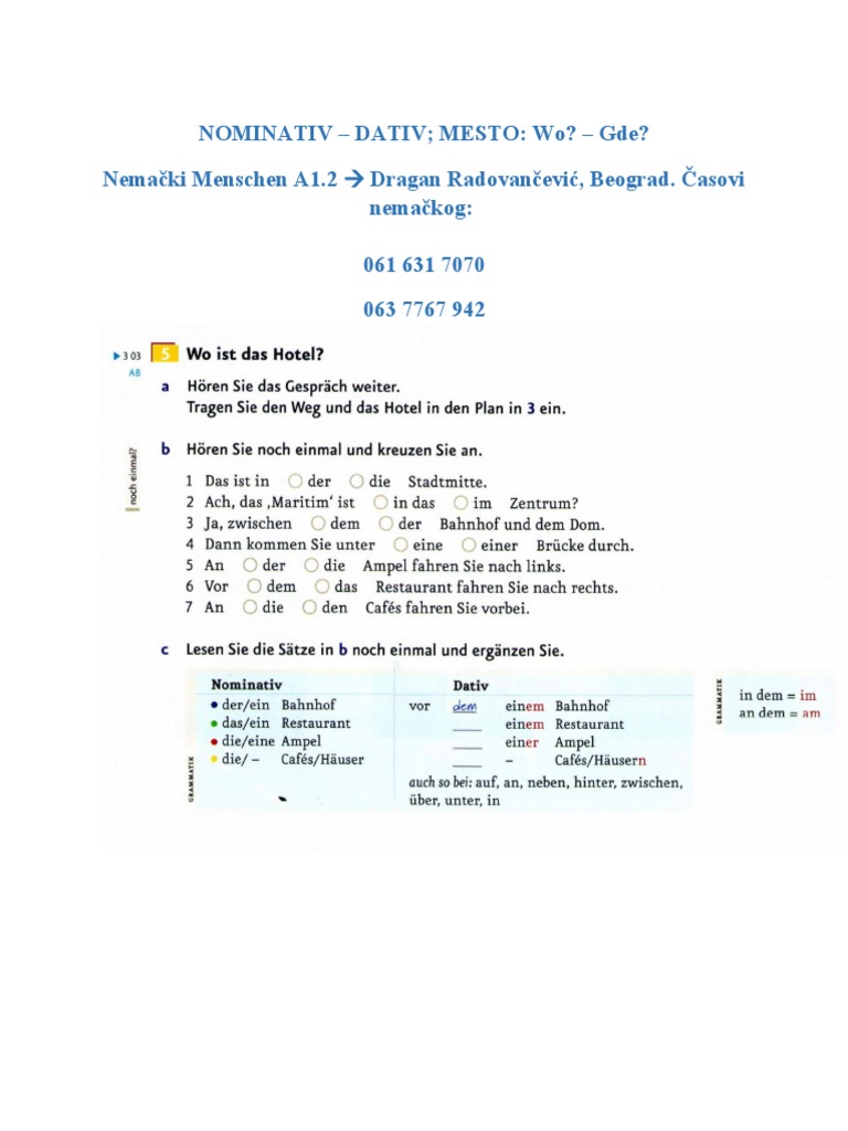 NOMINATIV Dativ - Wo Wohin Woher Präposition / Menschen A1, Schritte, Integrationskurs, Gete ...