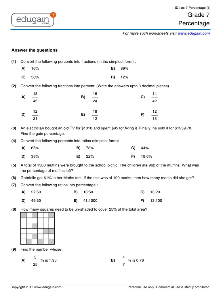 Grade 7 Percentage: Answer The Questions | PDF | Percentage ...