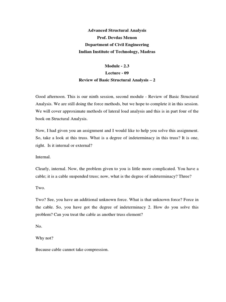 Advanced Structural Analysis Prof. Devdas Menon Department of Civil Engineering Indian Institute ...