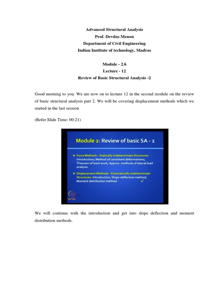 Advanced Structural Analysis Prof. Devdas Menon Department of Civil ...