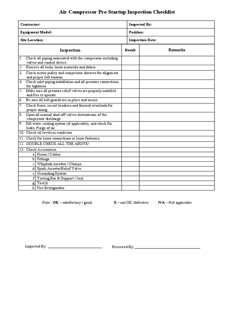 Air Compressor Pre-Startup Inspection Checklist | PDF