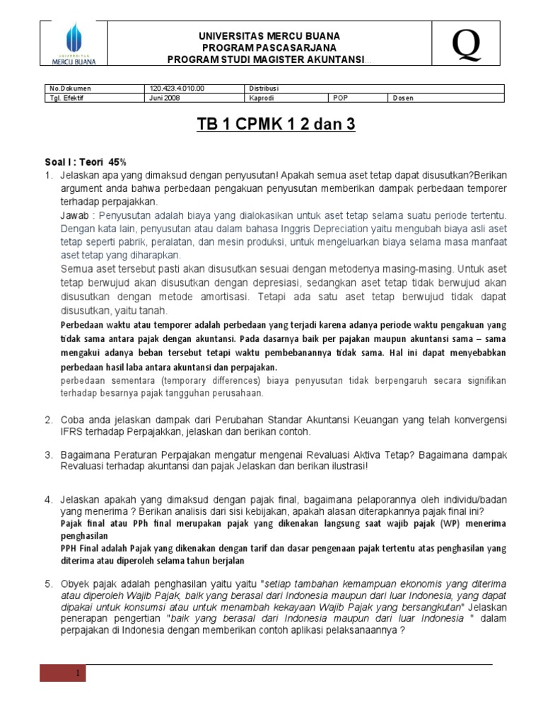 Pertanyaan - TB 1 Akuntansi Pajak CPMK 1 2 3 | PDF