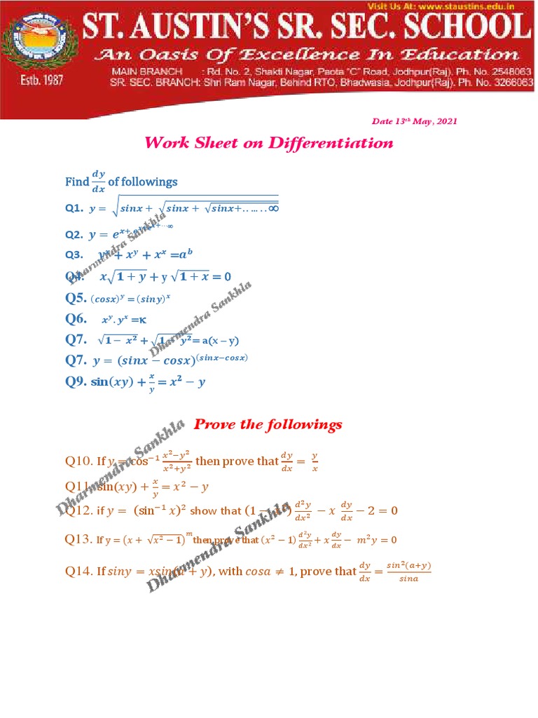 Differentiation Work Sheet