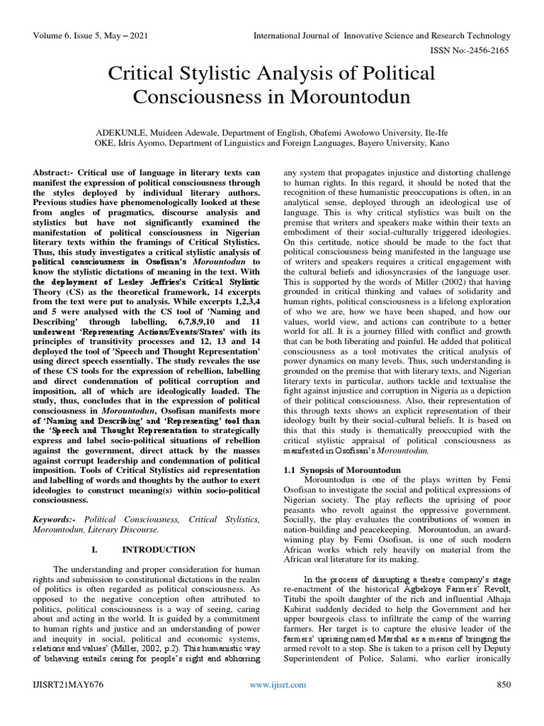 Critical Stylistics in Morountodun Analysis | PDF | Rebellions | Analysis