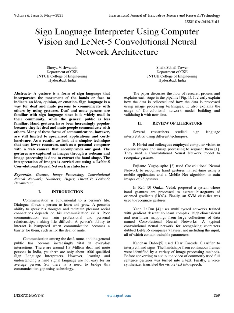 Sign Language Interpreter Using Computer Vision and LeNet-5 Convolutional Neural Network ...