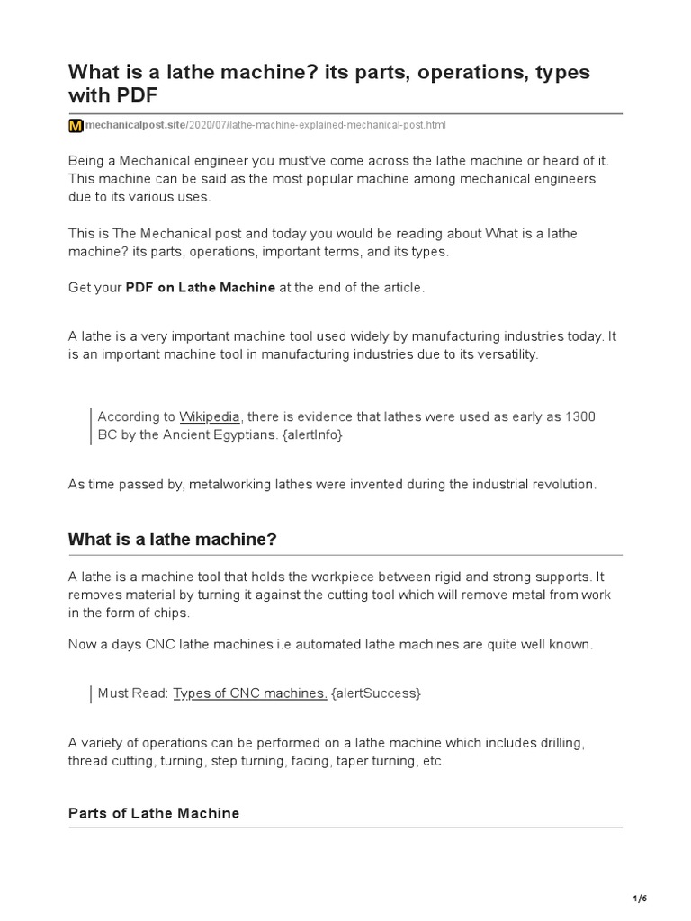 What Is A Lathe Machine? Its Parts, Operations, Types With PDF | PDF ...