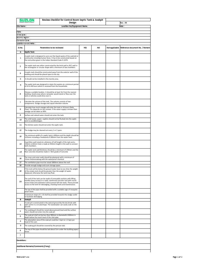 Checklist For Control Room Septic Tank & Soakpit | PDF | Septic Tank ...