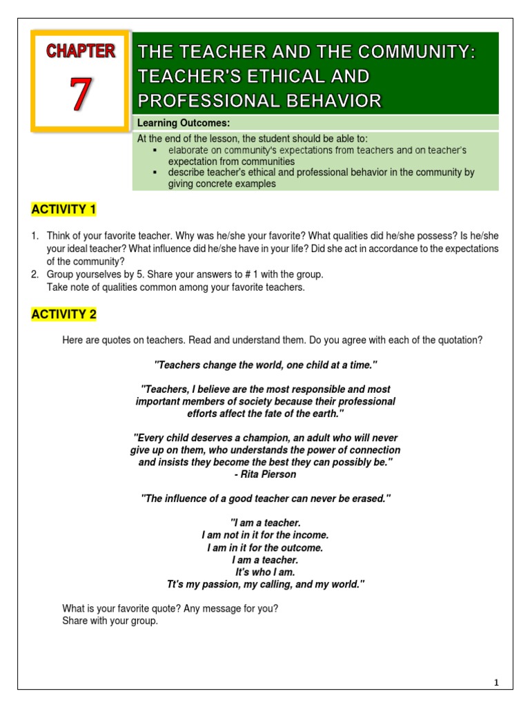 The Teacher and The Community - Teacher's Ethical and Professional ...