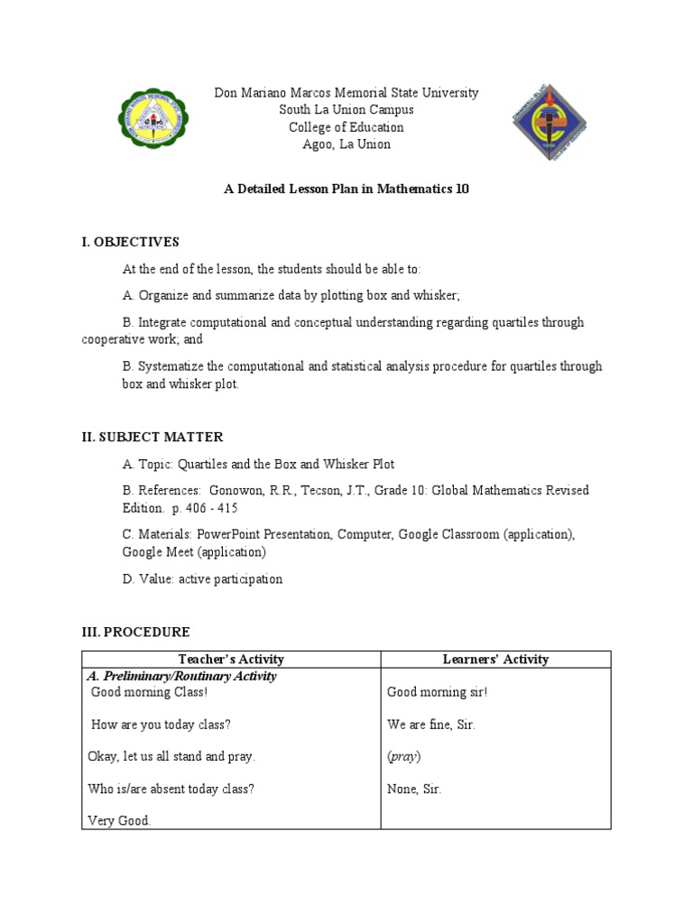 A Detailed Lesson Plan in Mathematics 10: A. Preliminary/Routinary ...