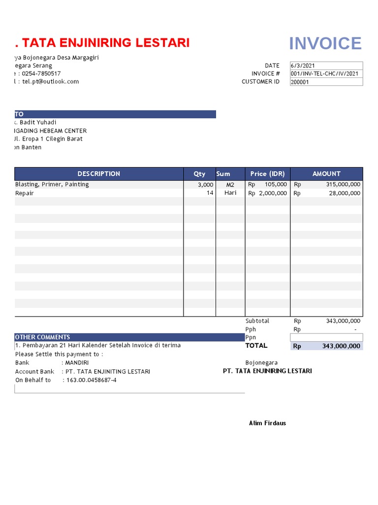 Invoice: Pt. Tata Enjiniring Lestari | PDF | Indonesian Rupiah ...