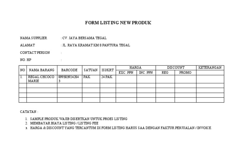 Form Listing New Produk | PDF
