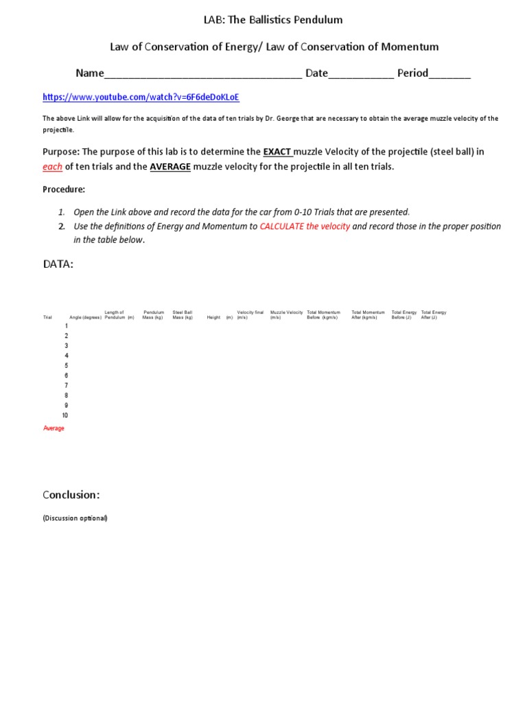 LAB The Ballistics Pendulum. Student | PDF