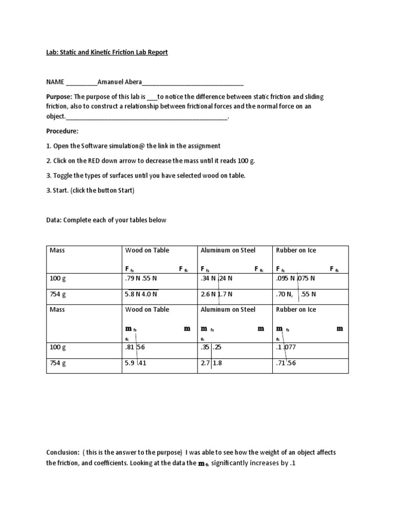 Lab: Static and Kinetic Friction Lab Report: F F F F F F | PDF ...