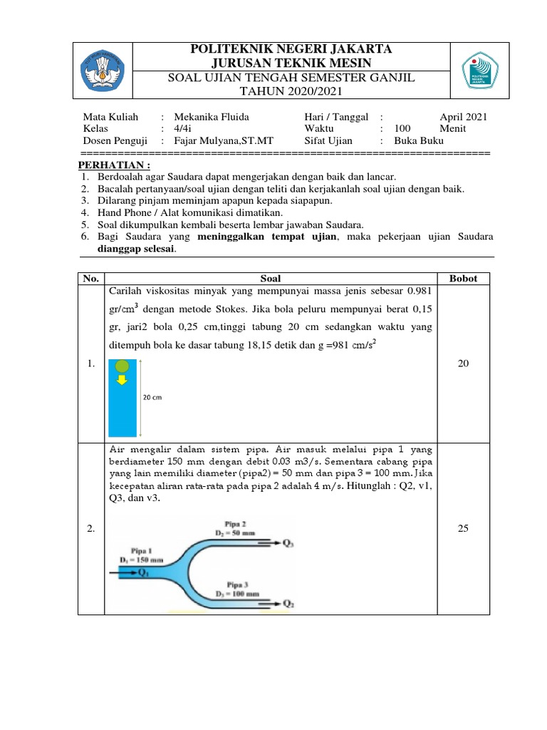 Soal Dan Jawaban Uts Mekanika Fluida Kelas 4i (Rama Haryanto) Revisi | PDF | Metode & Bahan Ajar ...