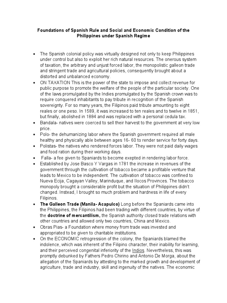 Foundations of Spanish Rule and Social and Economic Condition of The ...
