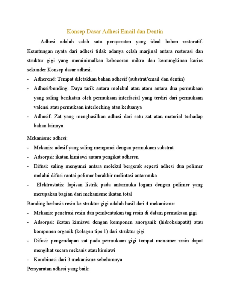 Konsep Dasar Adhesi Email Dan Dentin | PDF