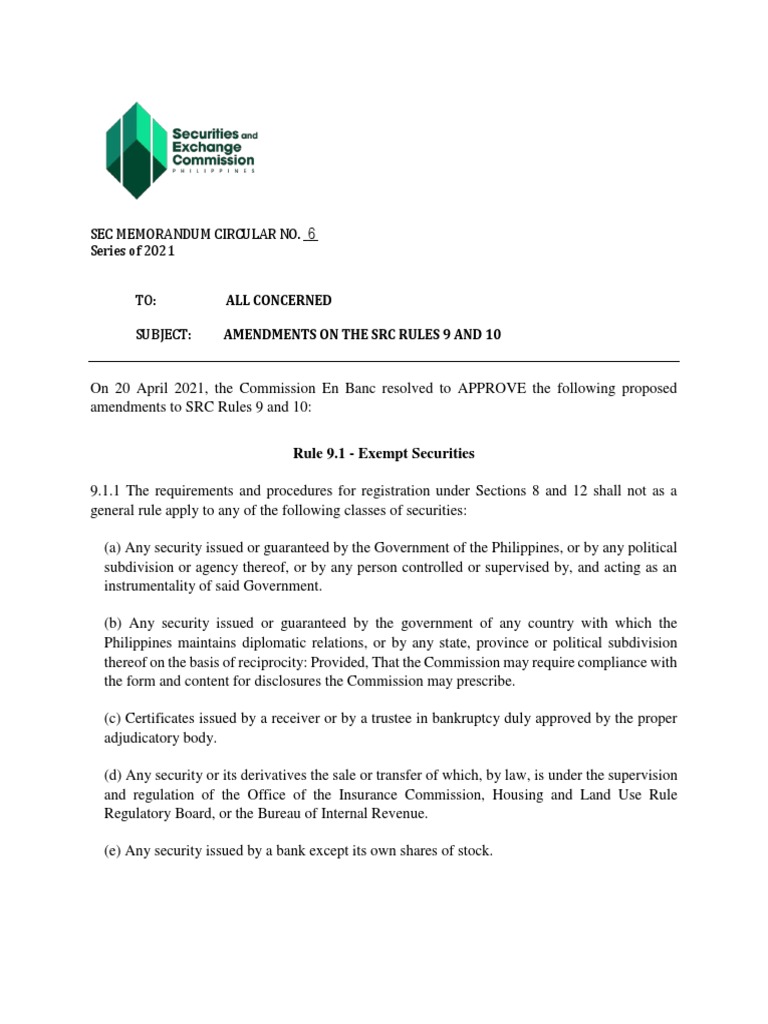 SEC MC No. 6 - 2021 Exempt Securities | PDF | Securities (Finance ...