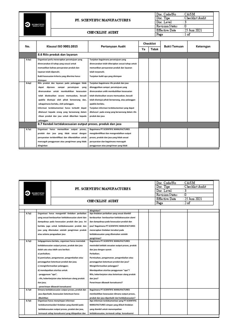 Checklist Audit Klausul 8.6 8.7doc | PDF