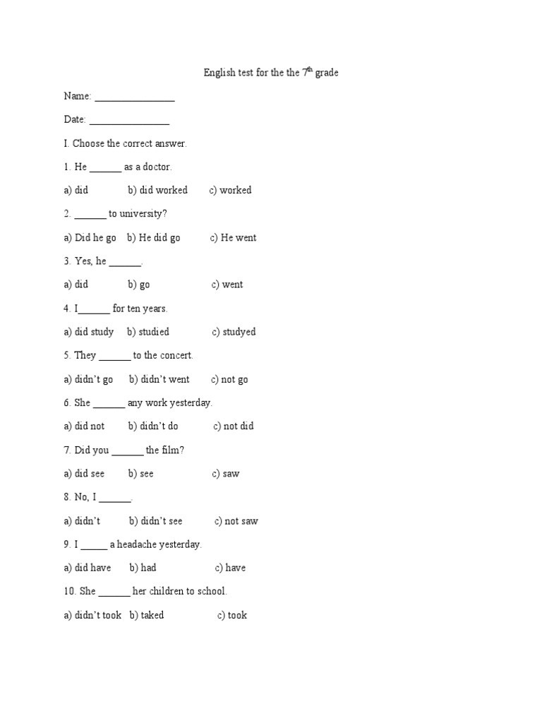 English Test For The The 7th Grade | PDF