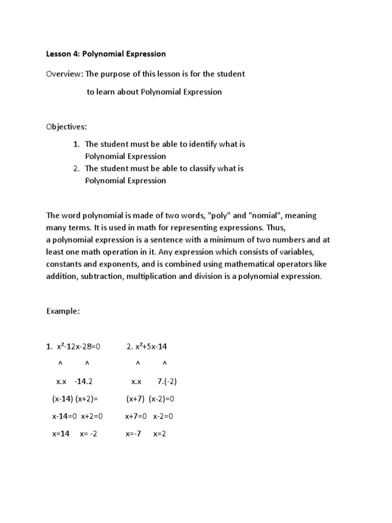 Lesson 4 Polynomials Expression | PDF