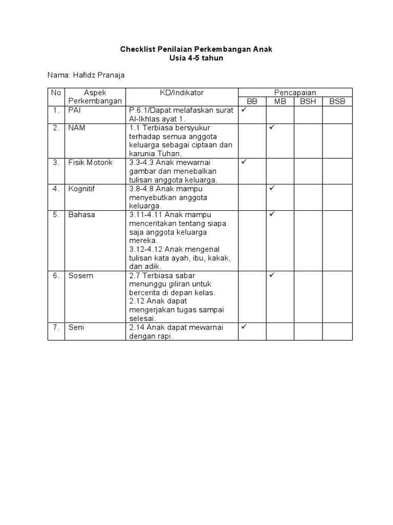 Perkembangan Anak Usia 4-5 Tahun: Checklist Penilaian Hafidz Pranaja | PDF