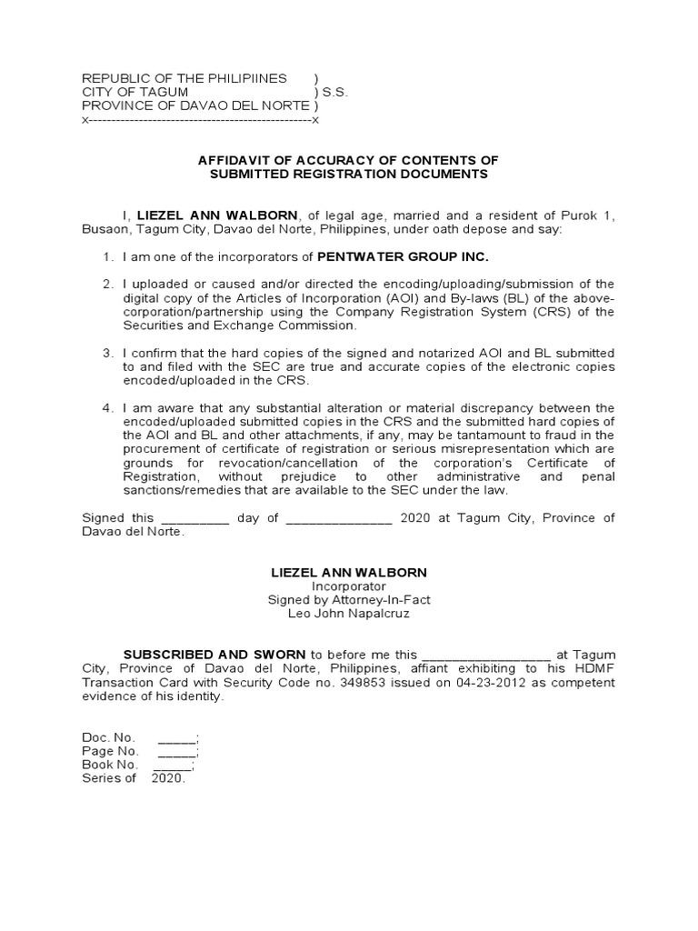 Affidavit of Accuracy of Contents of Submitted Registration Documents ...