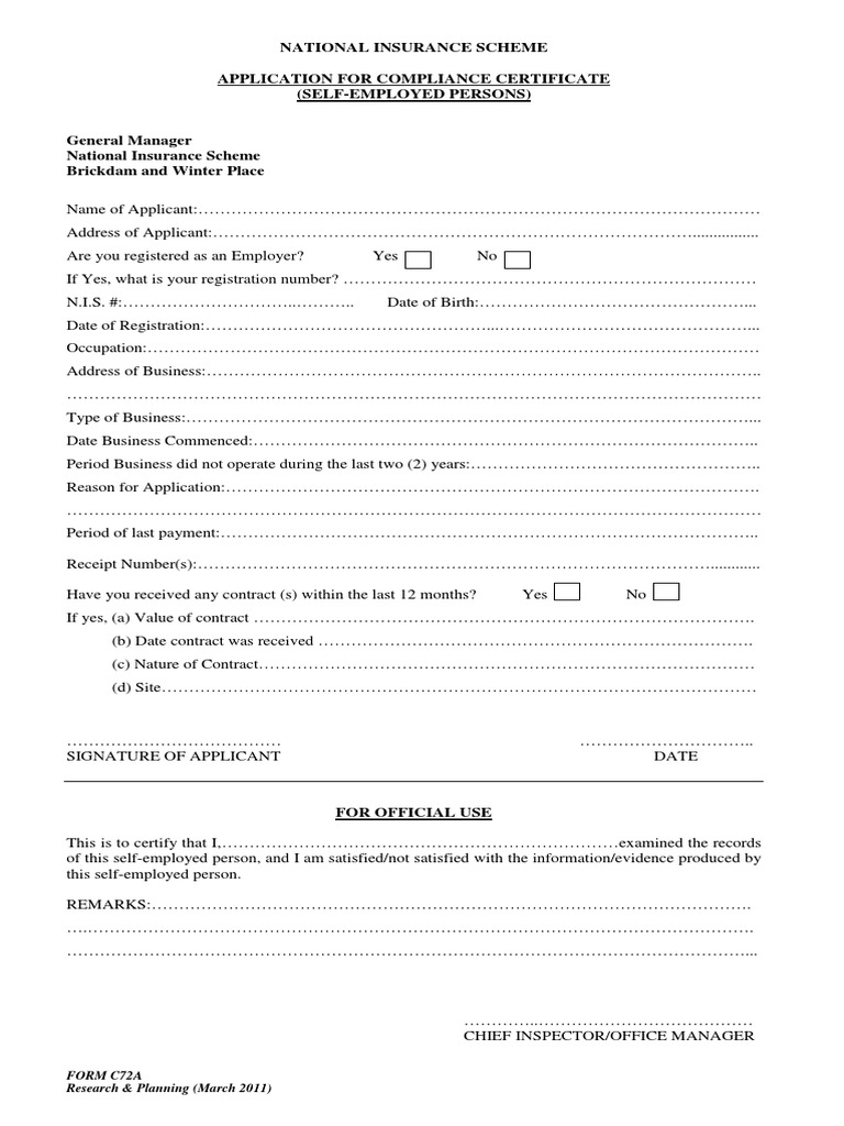 National Insurance Scheme Application For Compliance Certificate (Self ...