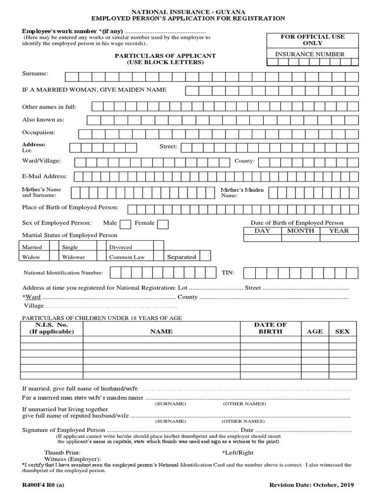 National Insurance - Guyana Employed Person'S Application For Registration Employee's Work ...