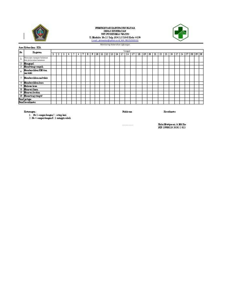 Cheklist Monitoring Kebersihan Ruangan Excel | PDF