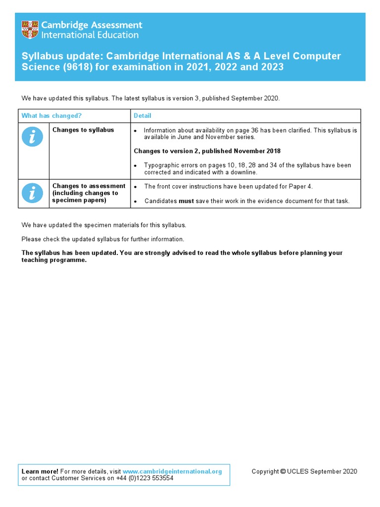Syllabus Update: Cambridge International AS & A Level Computer Science ...