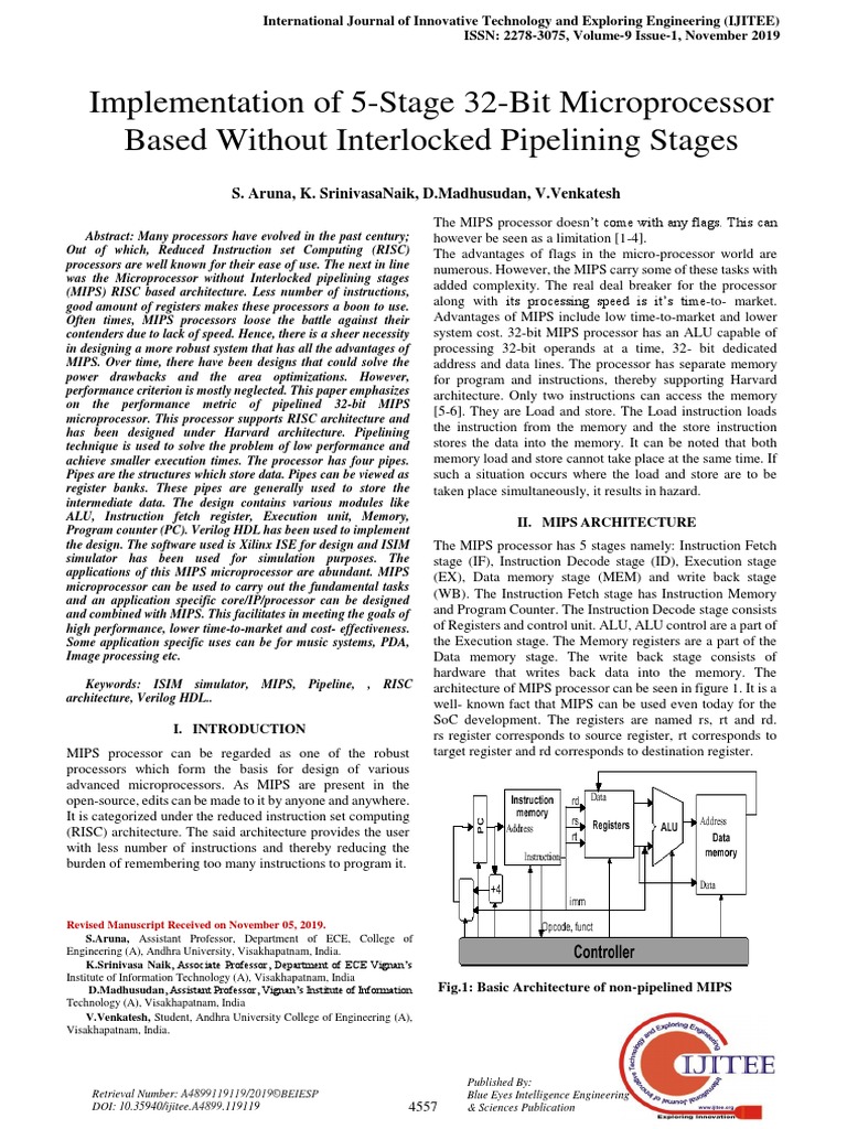 Implementation of 5-Stage 32-Bit Microprocessor Based Without Interlocked Pipelining Stages ...