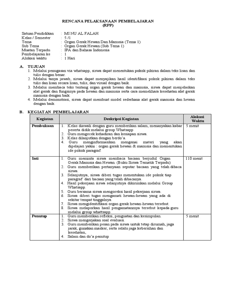 RPP Daring Kelas 5 Tema 1 ST 1 | PDF