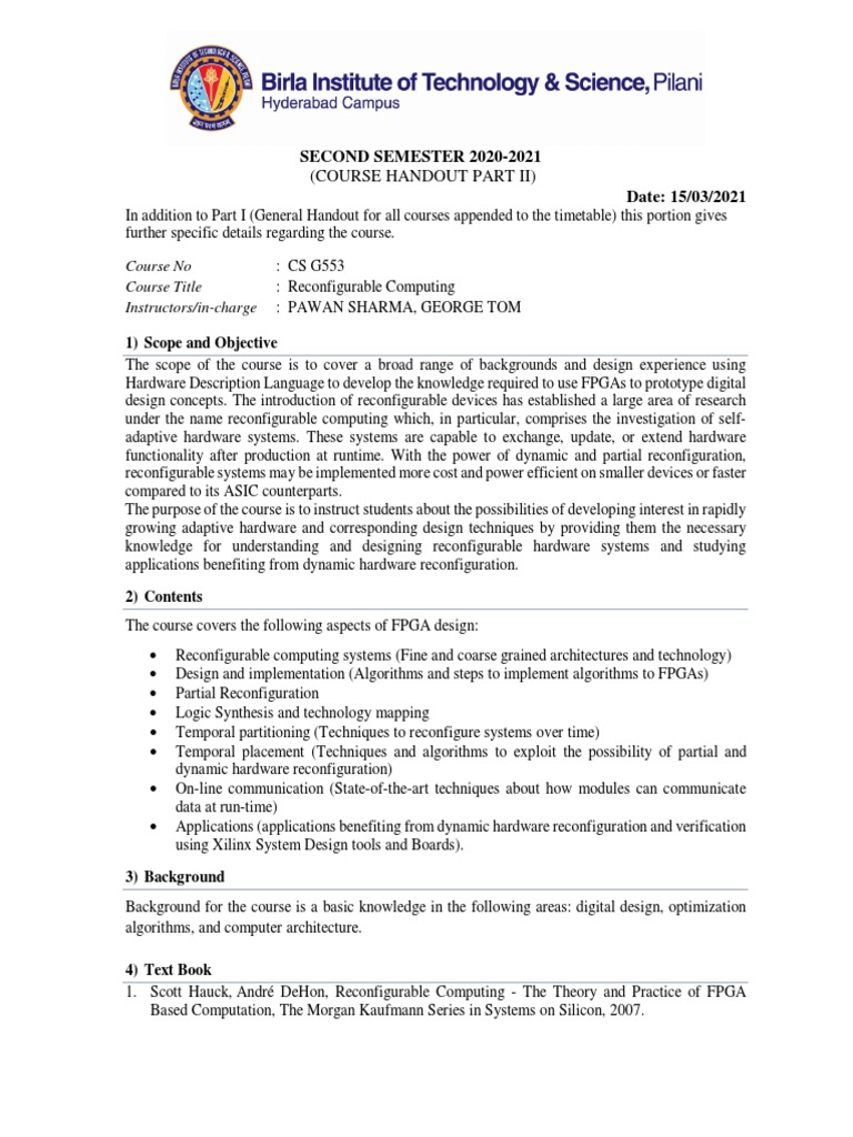 Course Handout - CS G553 II Sem 2020 - 21 | PDF | Field Programmable Gate Array | Logic Synthesis