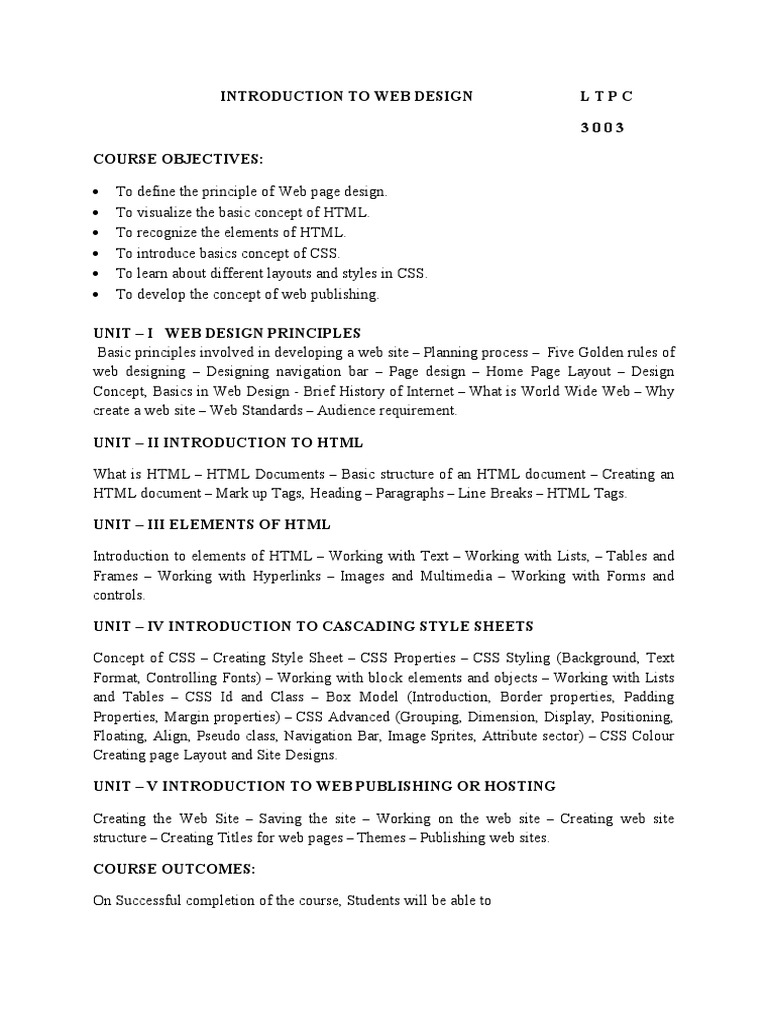 Introduction To Web Design Syllabus | PDF | Html Element | Html