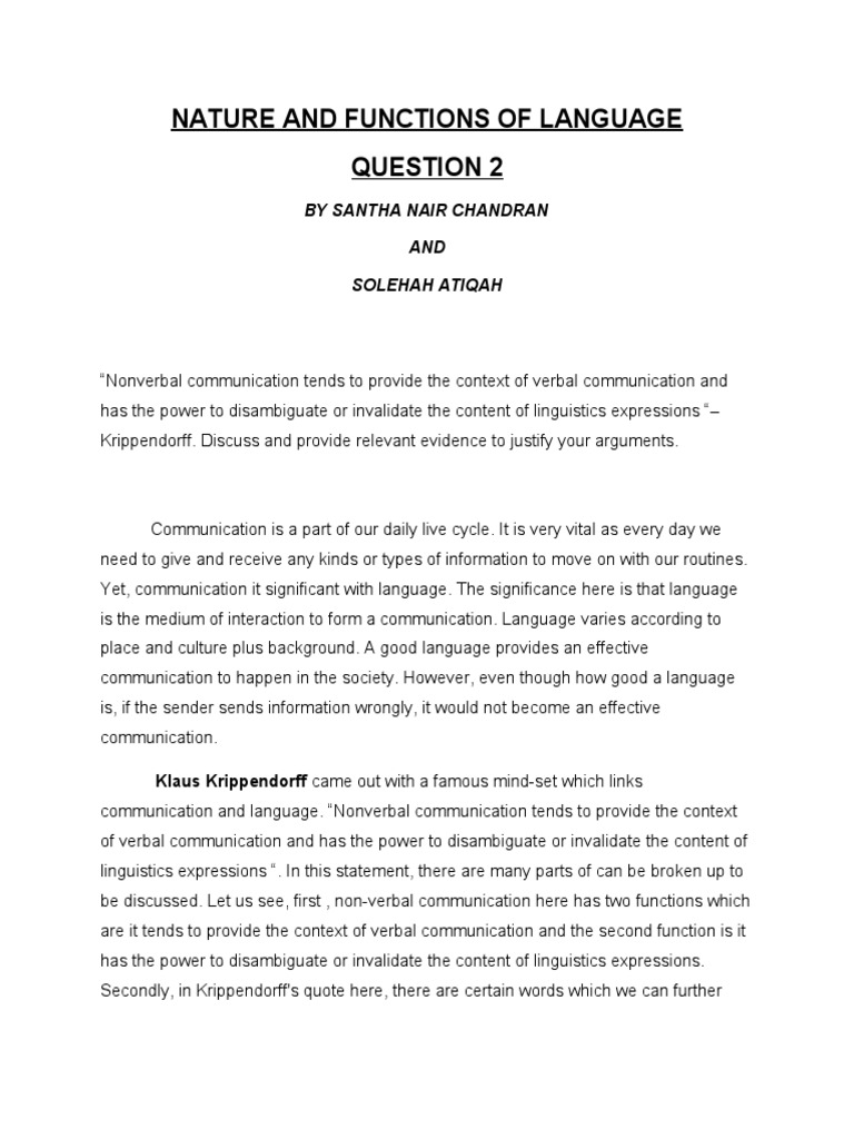 Nature and Functions of Language | PDF | Communication | Nonverbal Communication