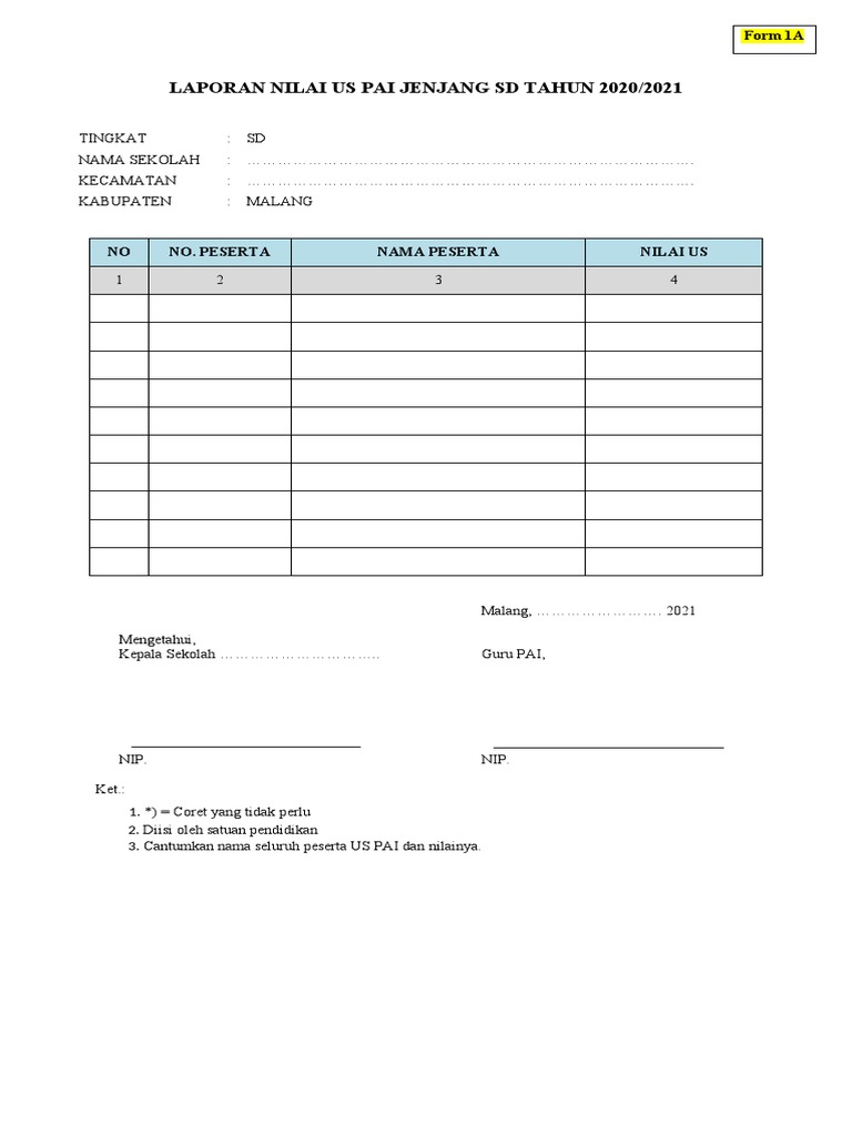 SD Laporan Nilai Us Pai SD Tahun 2021 - Form 1a | PDF