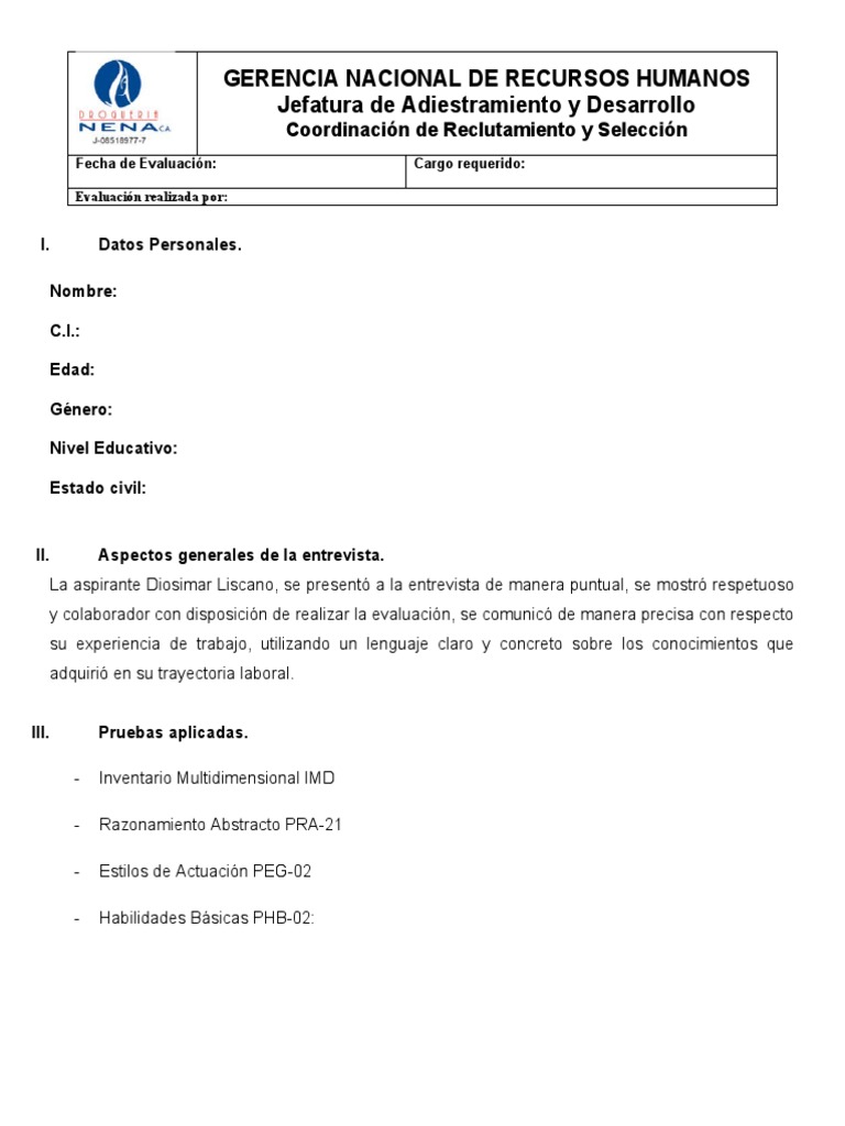 Evaluación de Candidata: Diosimar Liscano | PDF