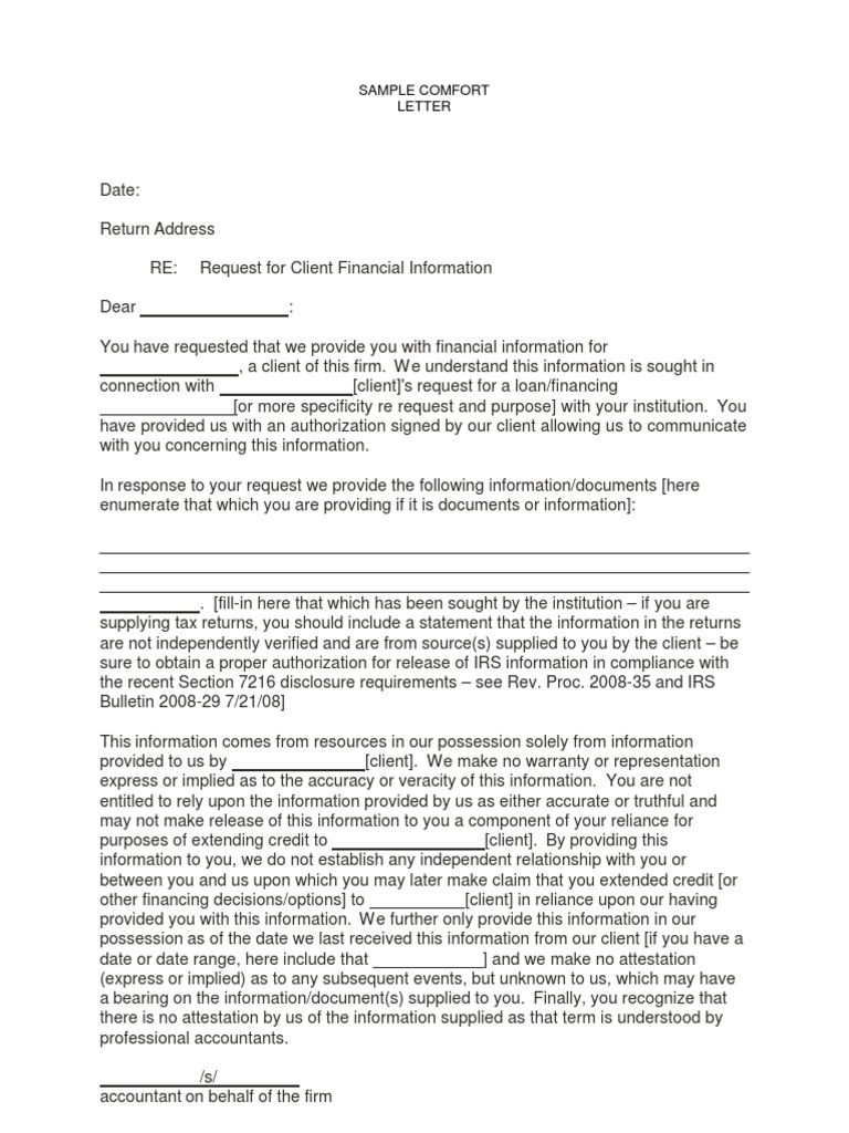 Sample Comfort Letter - CPA Response To Financial Inquiry | PDF ...