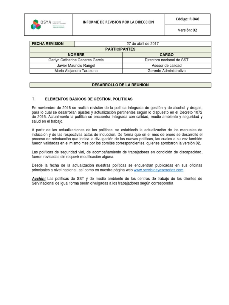 Informe de Revision Por La Direccion Servinacional | PDF | Presupuesto ...