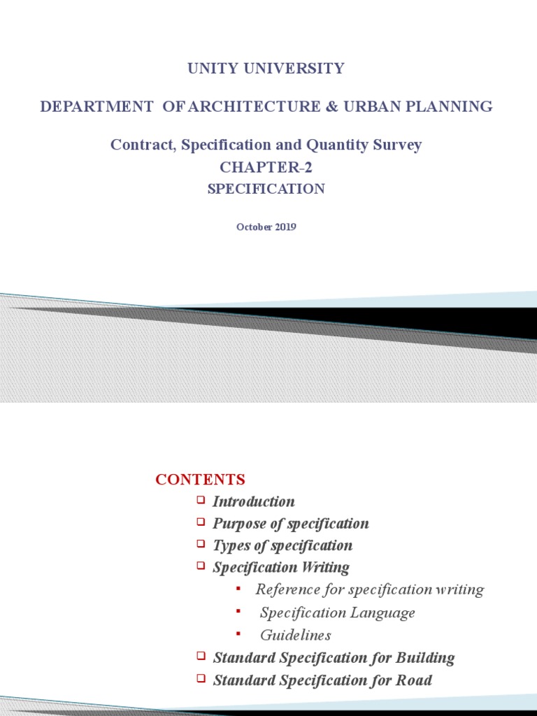 Unity University Department of Architecture & Urban Planning Contract, Specification and ...