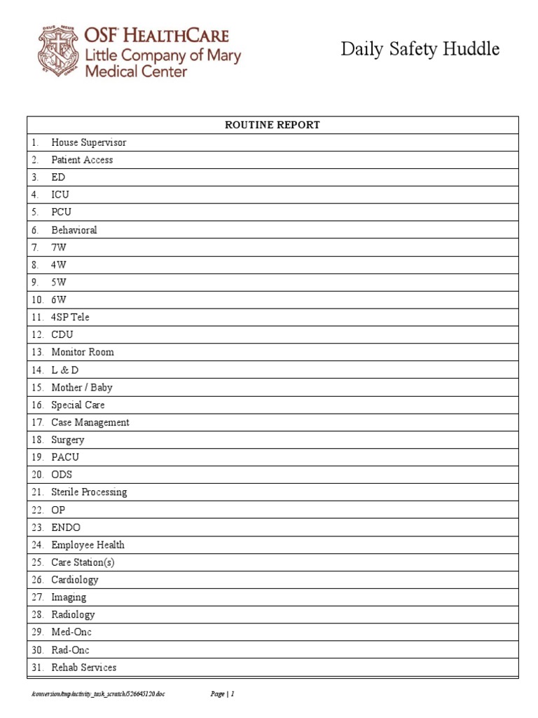 Daily Safety Huddle: Routine Report | PDF
